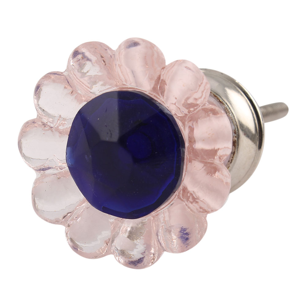 Pink Daisy Navy Blue Crystal Glass Cabinet Knob